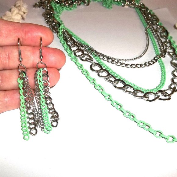 Fashion Jewelry | Jewelry | Edgy Green Silver Chain Metal Jewelry Set ...